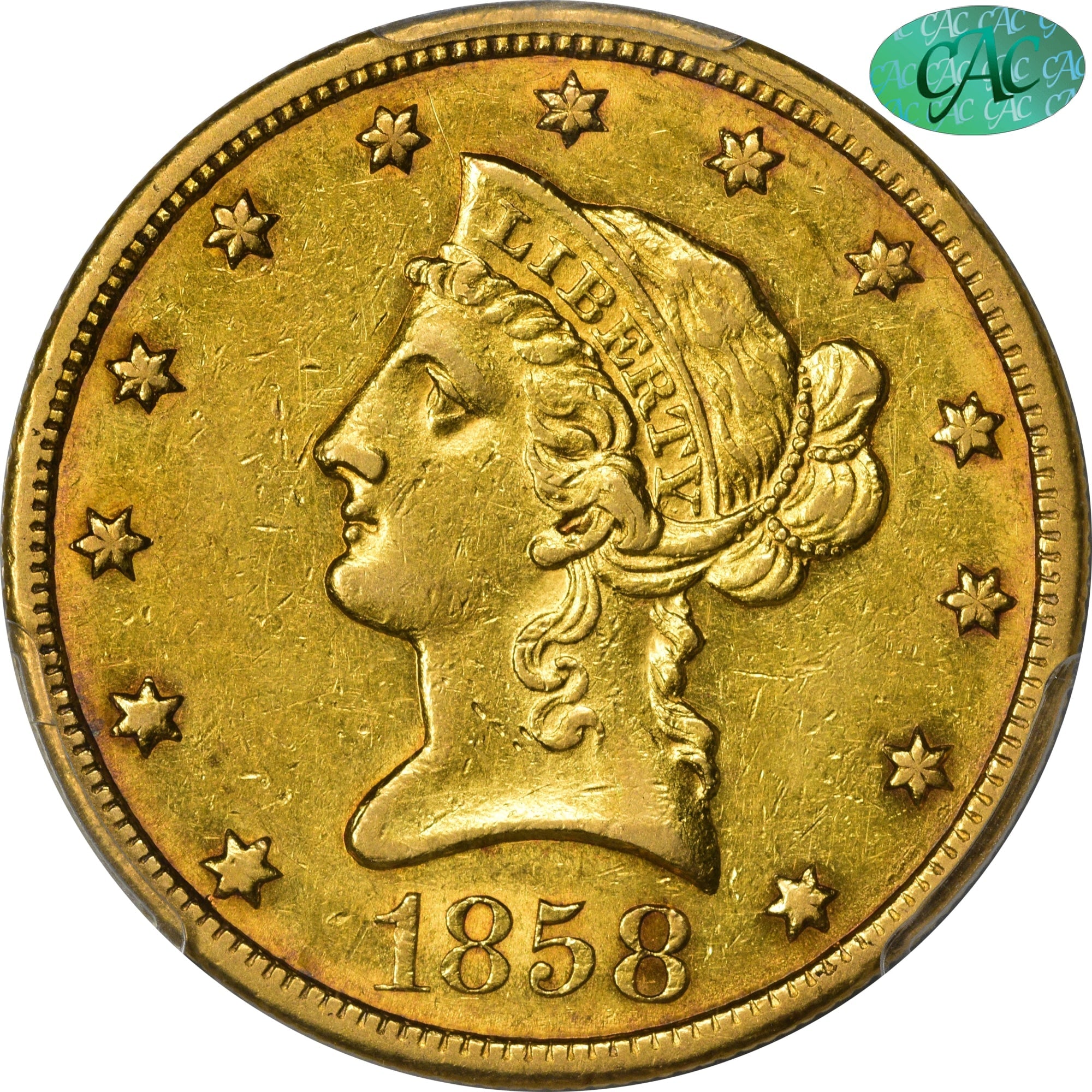 1858-O $10 AU55 PCGS CAC: Paradime Coins Liberty Head Eagle