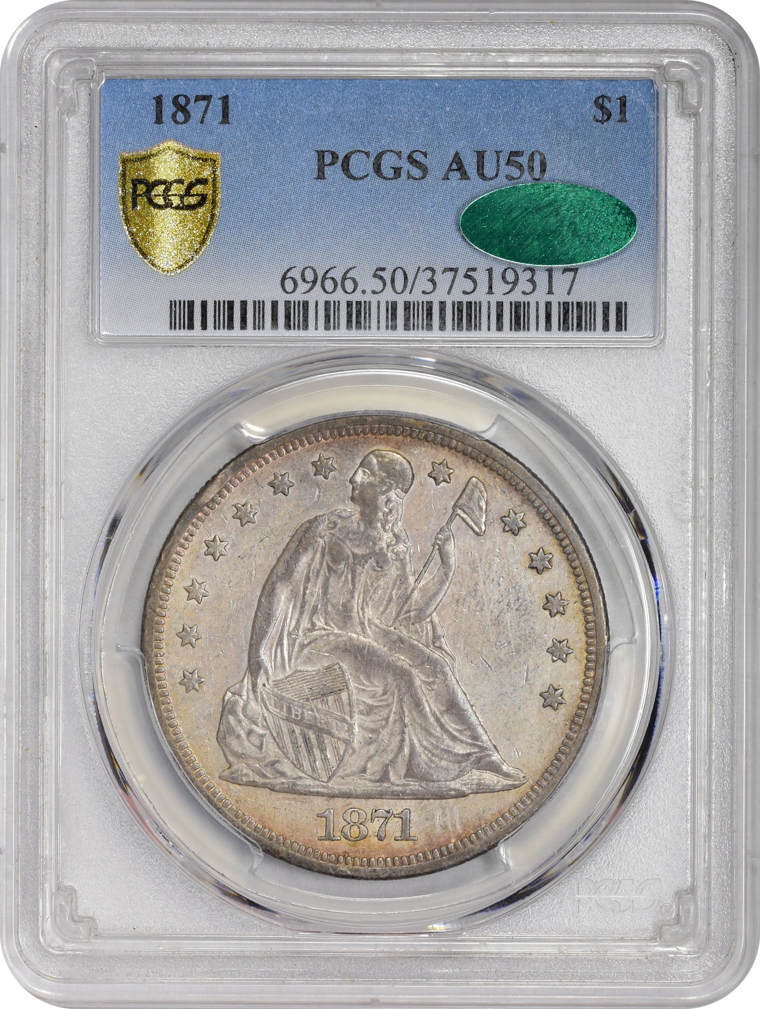 1871 $1 AU50 PCGS CAC: Paradime Coins Liberty Seated Dollar