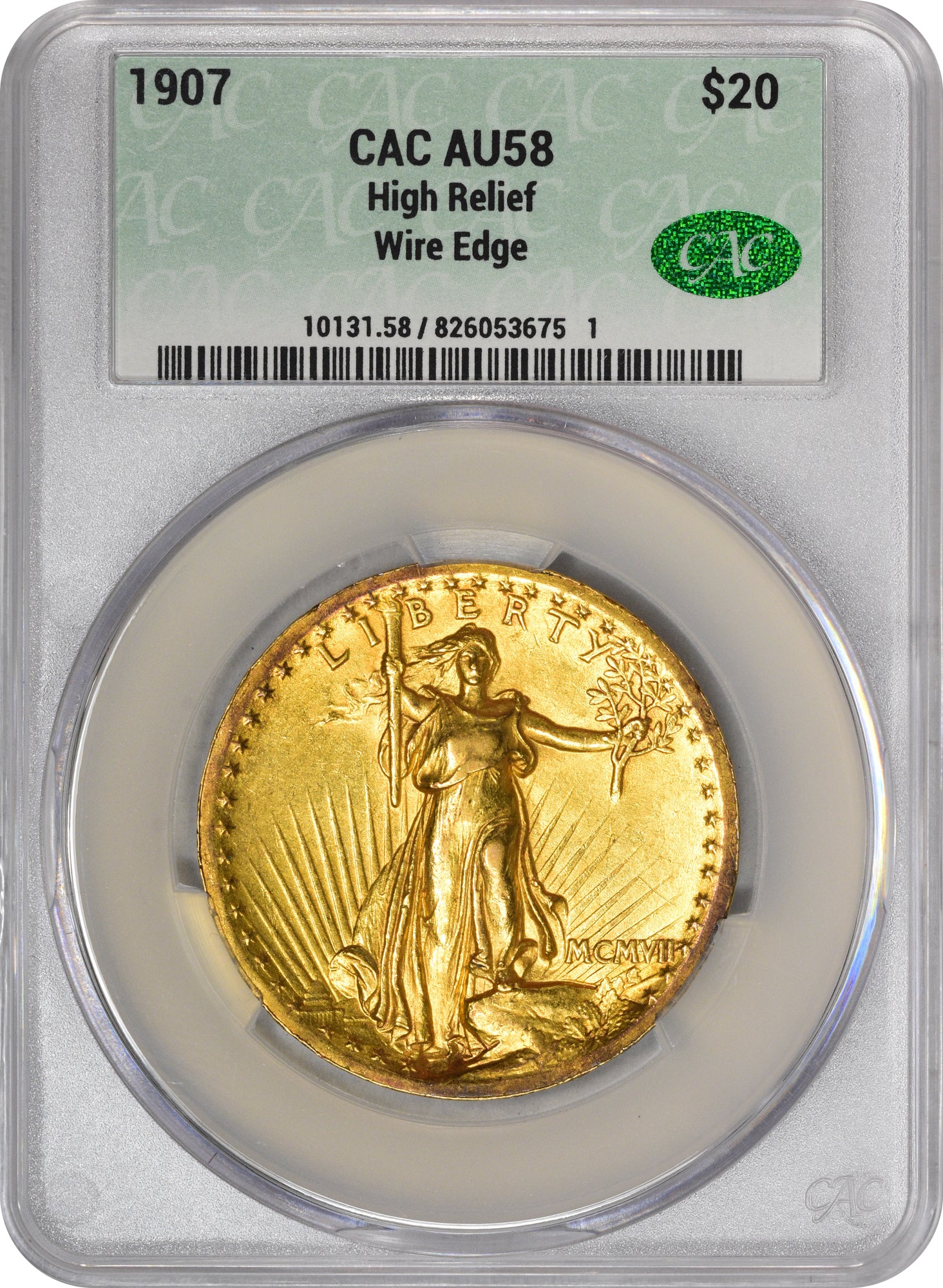 1907 $20 HIGH RELIEF WIRE EDGE AU58 CACG: Paradime Coins