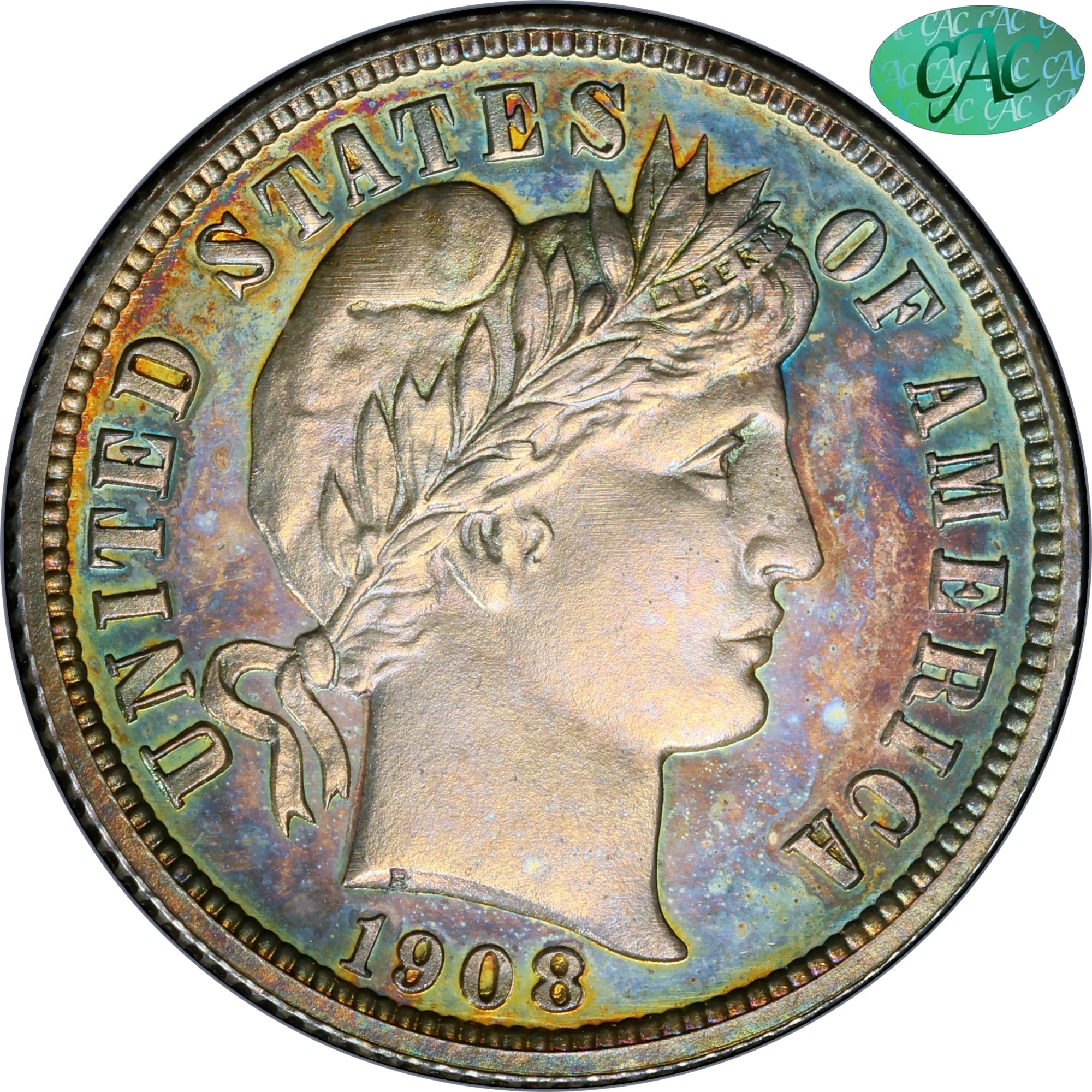 1908 10C PR66 PCGS CAC: Paradime Coins Barber Dime